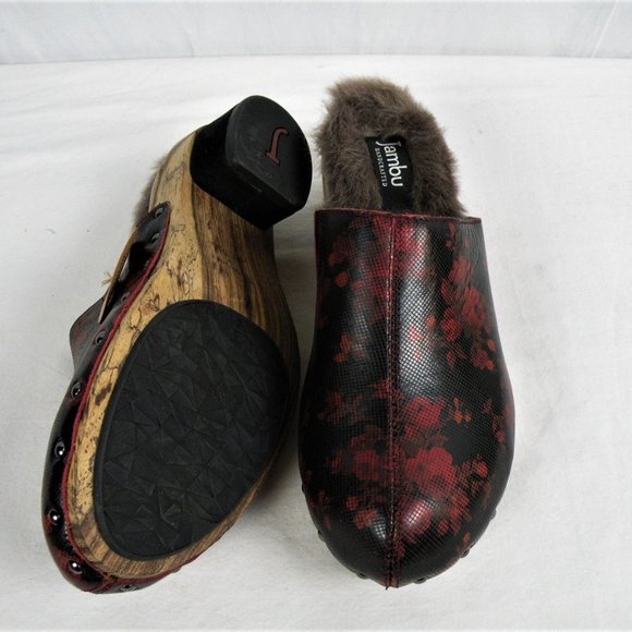 Jambu | Shoes | Nwob Jambu Monaco Red Floral Faux Fur Lined Wood Clogs ...
